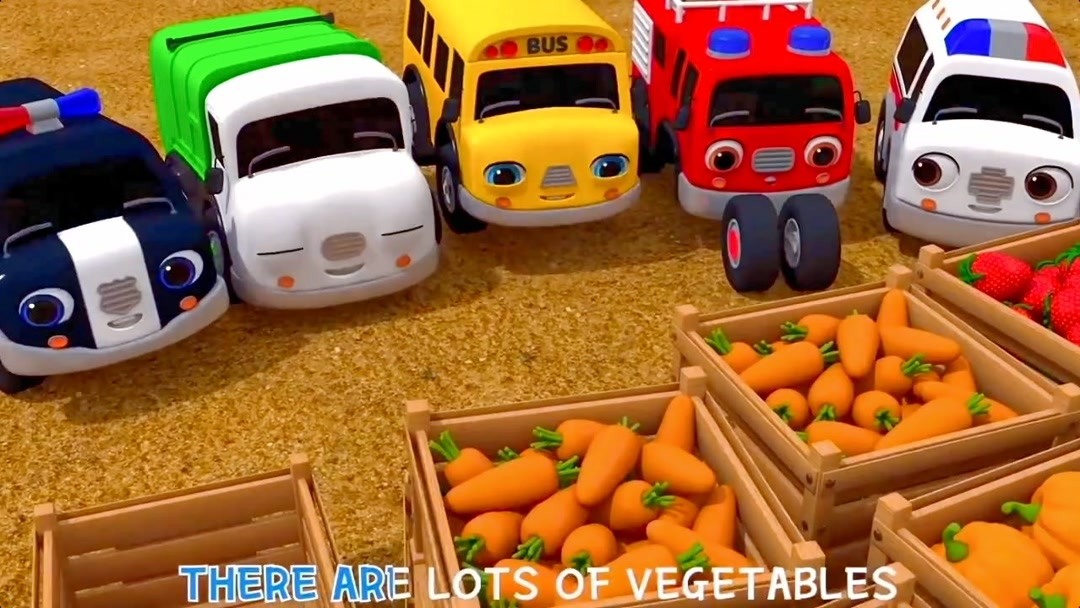 工程车消防车救护车益智动画 救护车警车垃圾车收获蔬菜