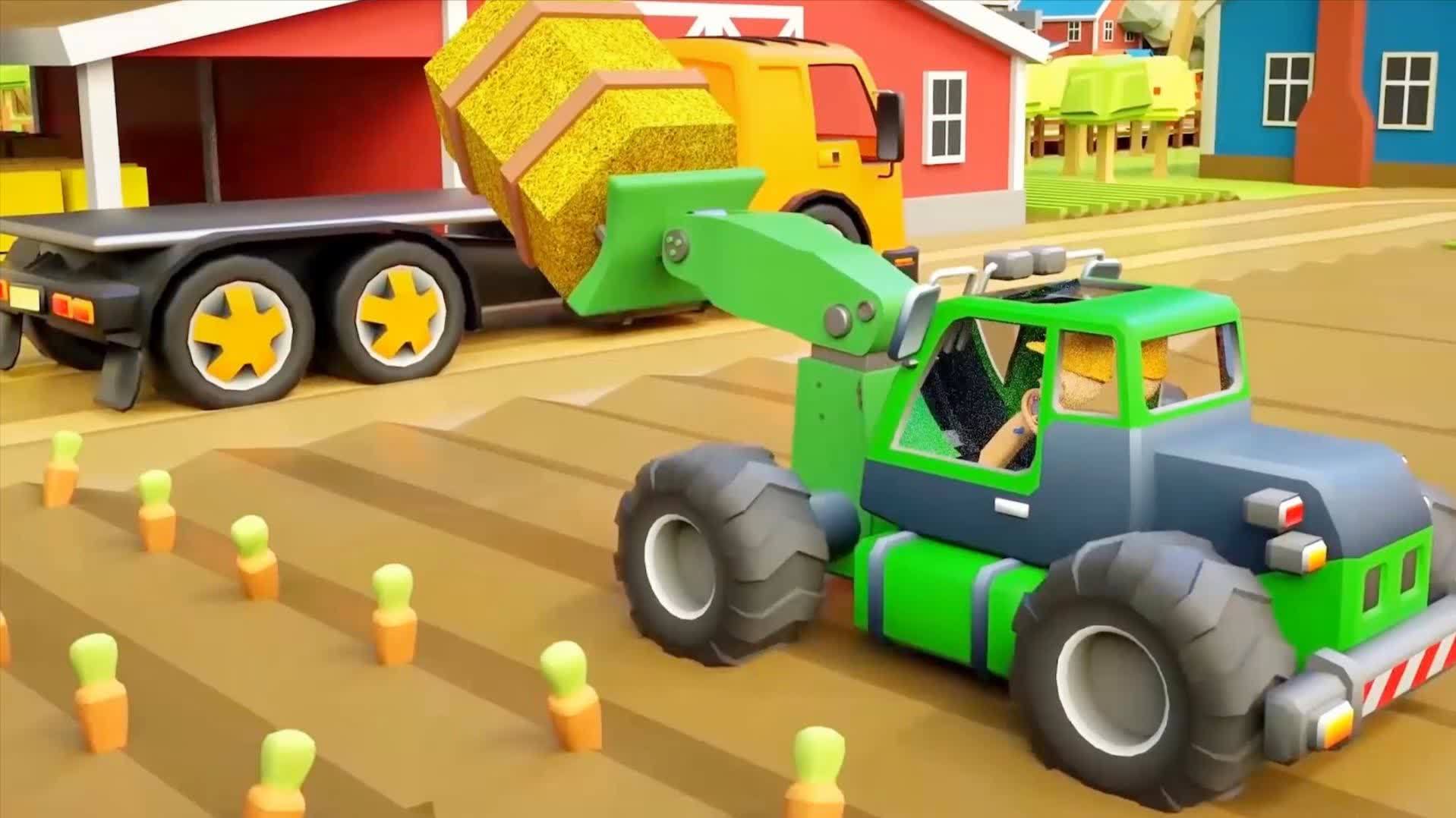 小朋友组装的叉车在农场装载草料,挖掘机表演,儿童早教益智动画