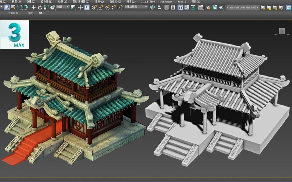...古风场景建模全流程讲解,超详细模型布线,3dmax零基础建模案例教学