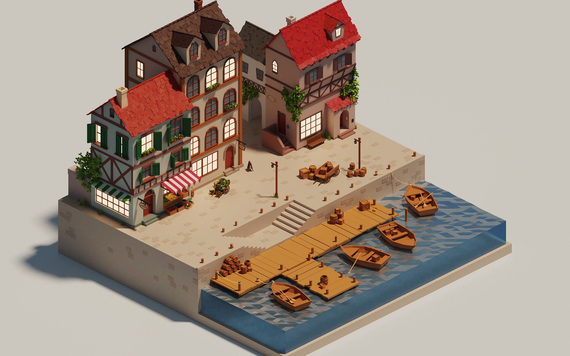 ...3DMAX场景】沙滩独家小场景-海湾小镇建模,次世代场景房屋模型制作