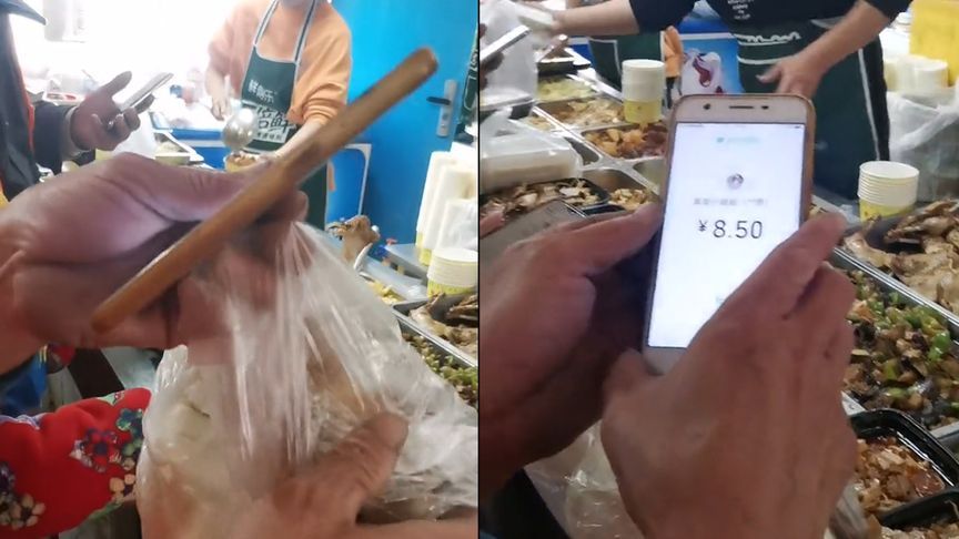买饭人多一大哥插队,直接用付款截图买单,被男子拍下"作案"过程