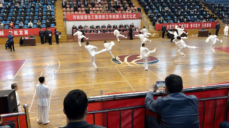 单位保卫系统大比武,请来本市武术学校学员表演,真精彩!