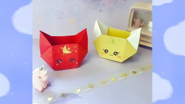 超可爱的猫咪收纳盒,一张纸就能完成,折法一点也不难喔