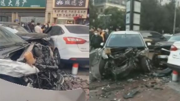 监拍:故障灯亮起司机紧张误踩油门致10车受损 多辆车头被撞稀碎