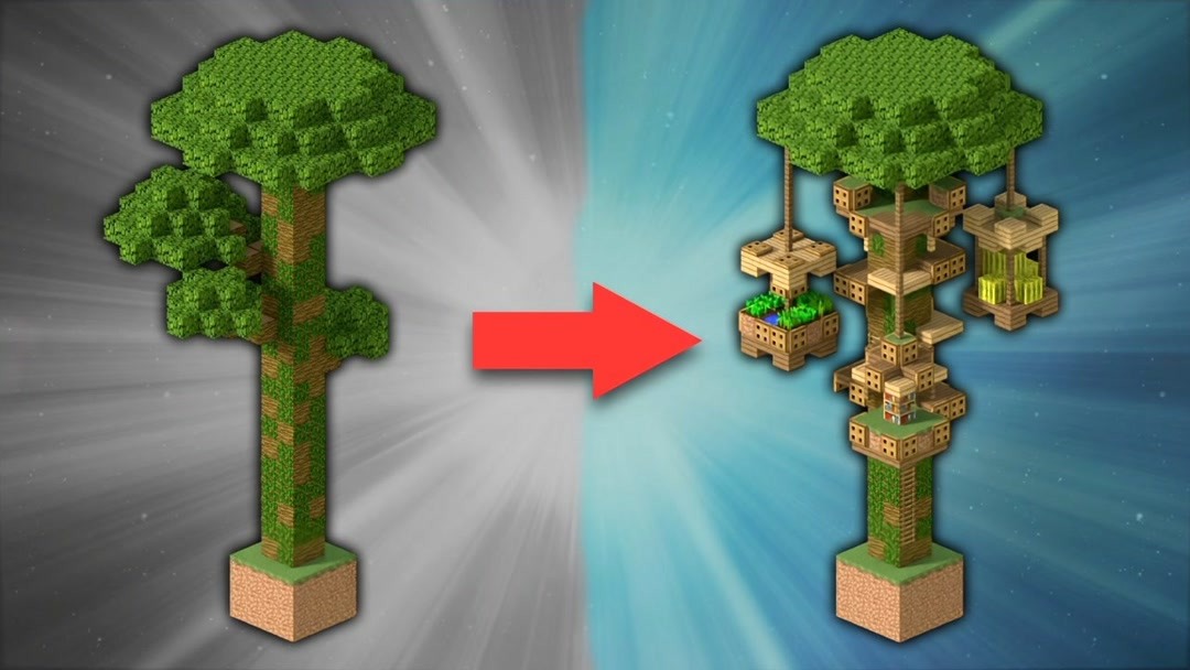 我的世界建筑教室:把一颗树变成豪华吊篮别墅?