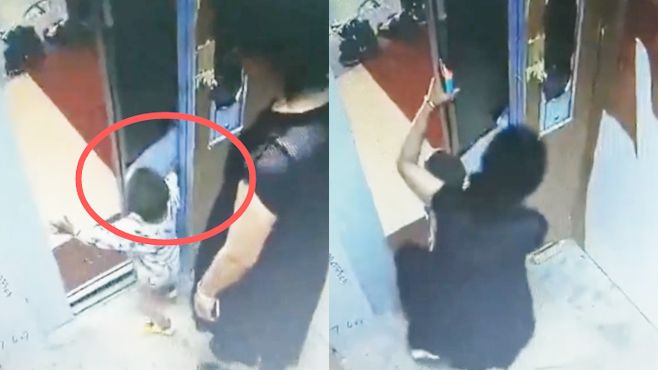 幼童乱按电梯按钮家长无视 下一秒遭电梯咬手 妇女慌忙拉住电梯门
