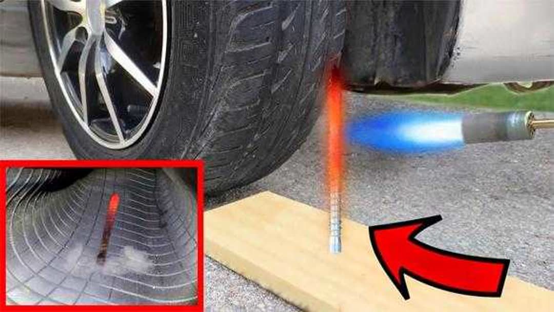 极限实验室:烧红铁钉扎入轮胎,运动相机记录全程