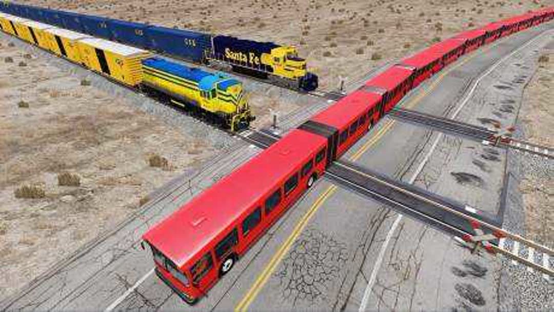 老司机开火车冲向卡在铁轨中央的超长大巴车,车祸模拟器(26)