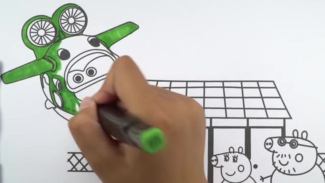 小猪佩奇一家在游泳池遇到麻烦,超级飞侠小青来救援 简笔画