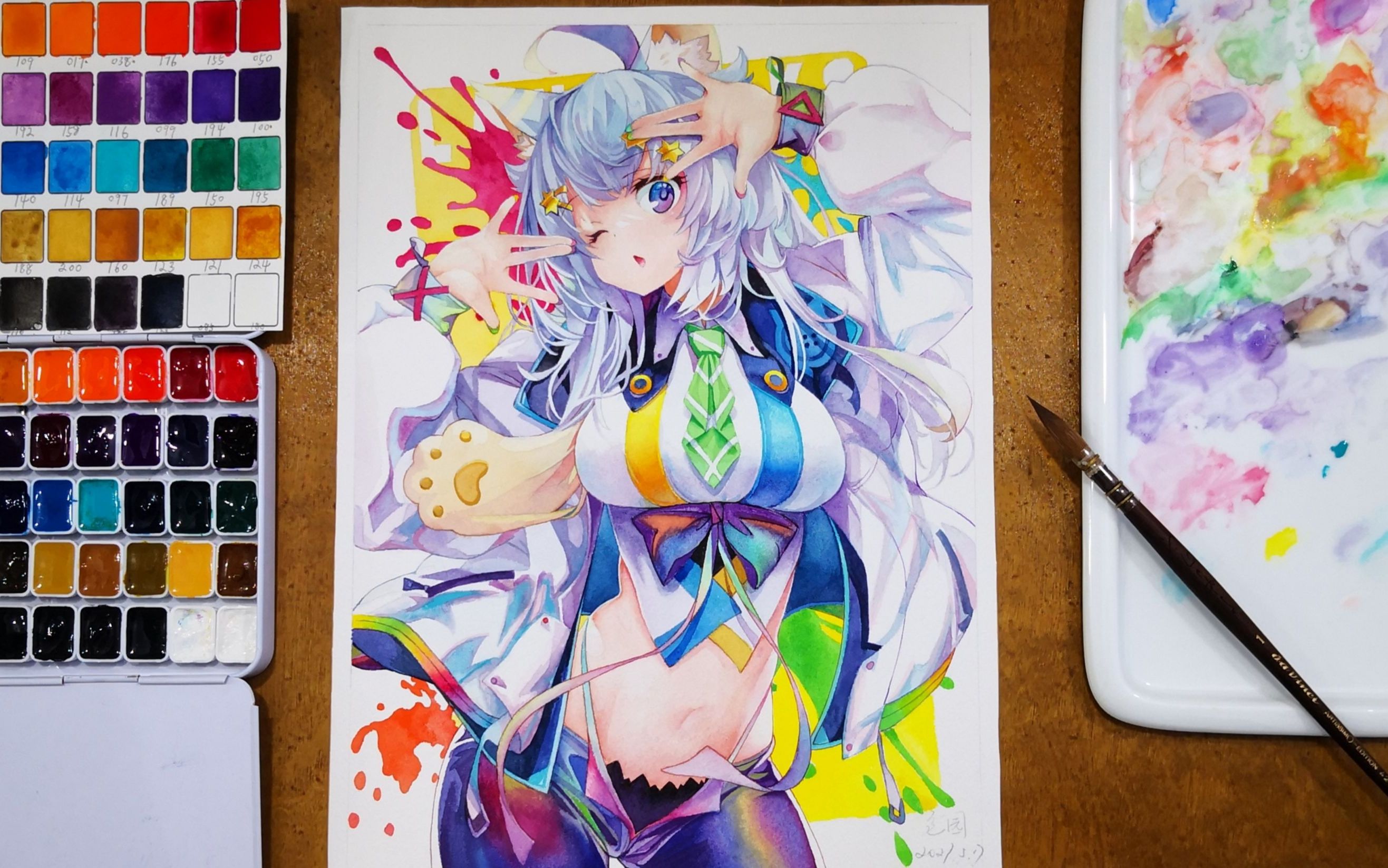 【水彩画】MG全色系70色水彩画一个色彩缤纷的懒猫子
