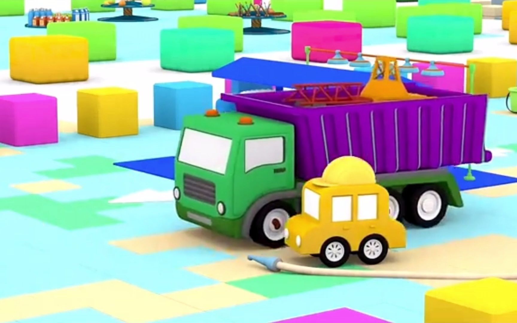 工程车趣味动画:小汽车,吊车一起搭建房子