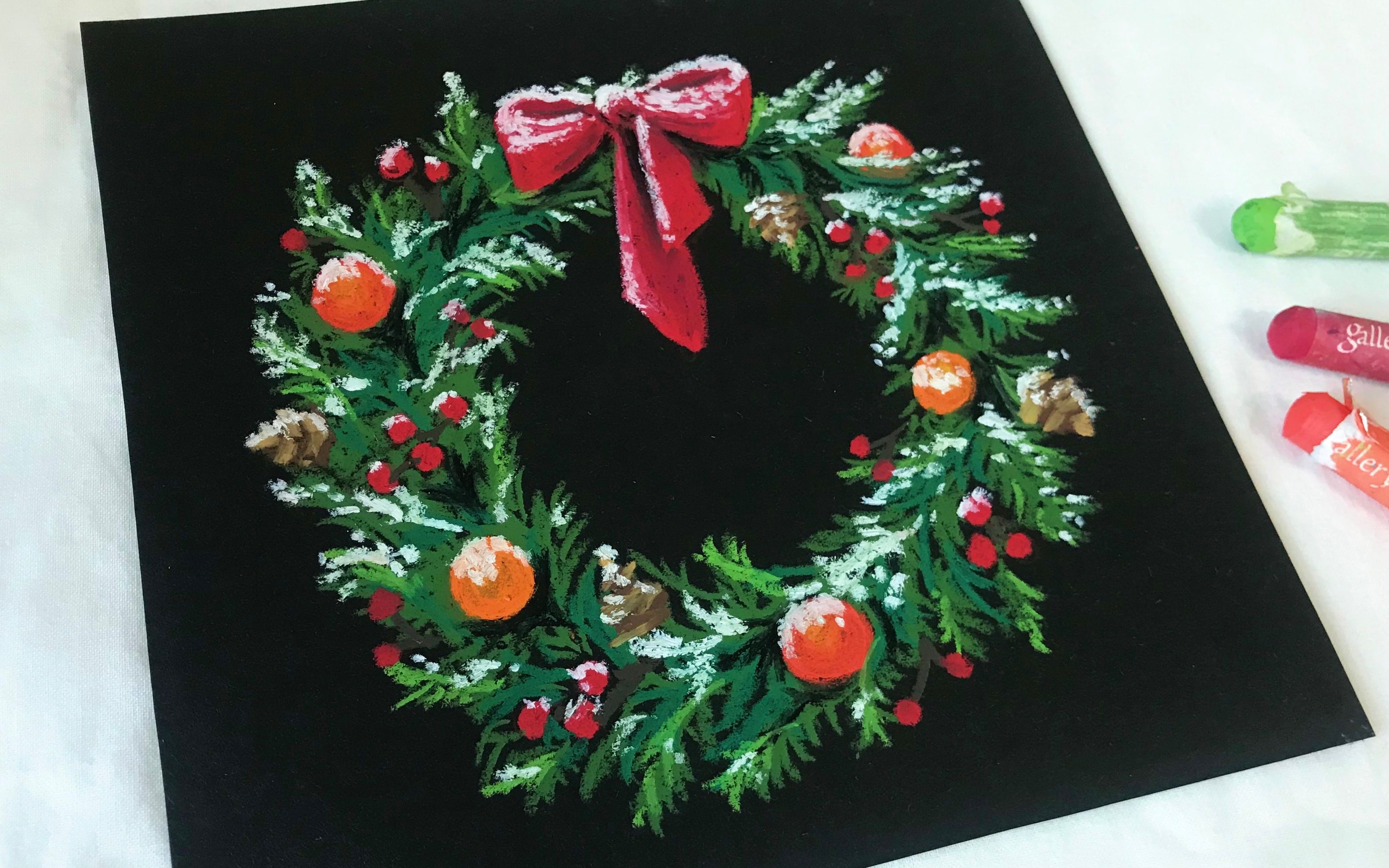 油画棒教程 | 落雪的圣诞花环,适合新手临摹的绘画过程