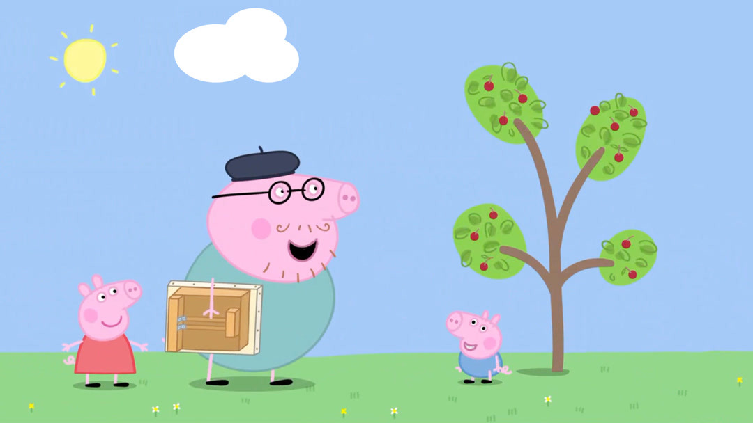 幼儿手绘简笔画:小猪佩奇和乔治在花园里观看猪爸爸画樱桃树