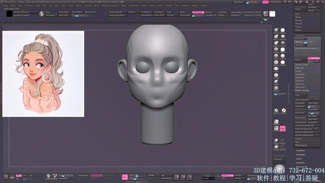 【3D建模】公主3D模型制作全过程,Zbrush教程,3D建模学习