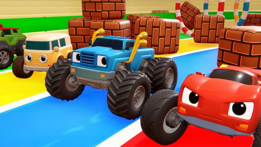 大轮子车队越过各种颜色的障碍,宝宝益智早教开心动画