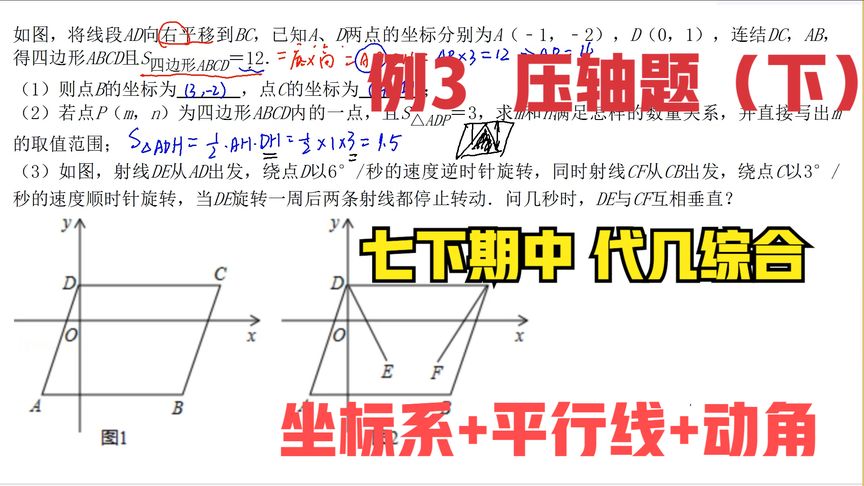 七下期中压轴题,代几综合,平面直角坐标系+平行线+动角(下集)