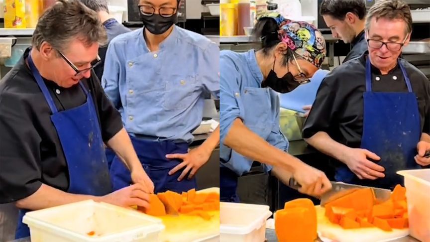 小哥嫌用西餐刀切菜太慢,当场秀起中国菜刀,米其林大厨目瞪口呆