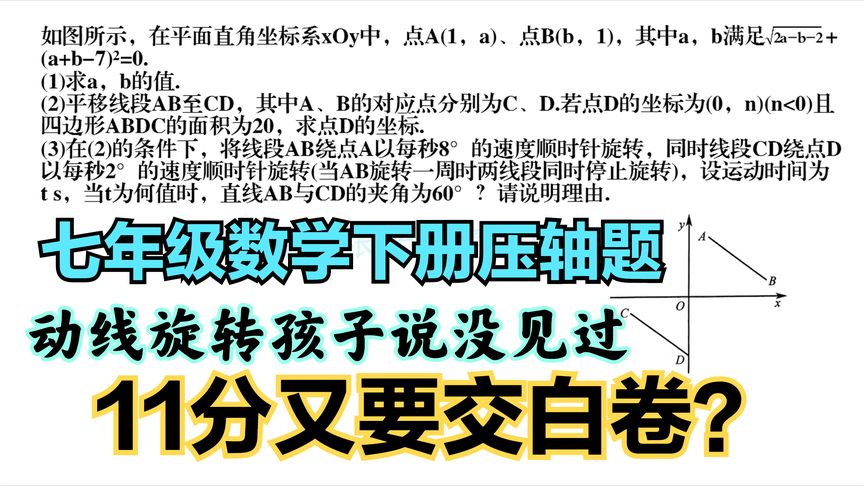 七年级数学下册期末压轴题,2条动线段旋转太难,11分又要交白卷