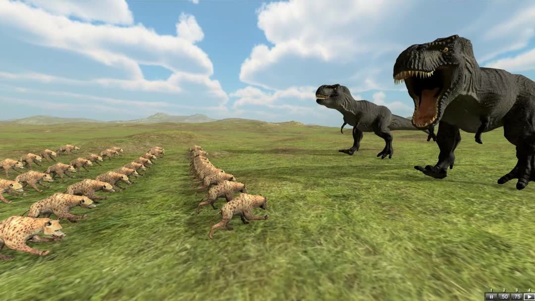 野兽战争模拟器,40只鬣狗回到恐龙时代,挑战2头霸王龙能赢吗