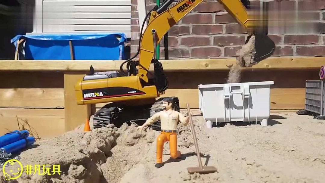 儿童玩具挖掘机挖土装车动画,模拟工地沙盘上的挖掘机和农民工