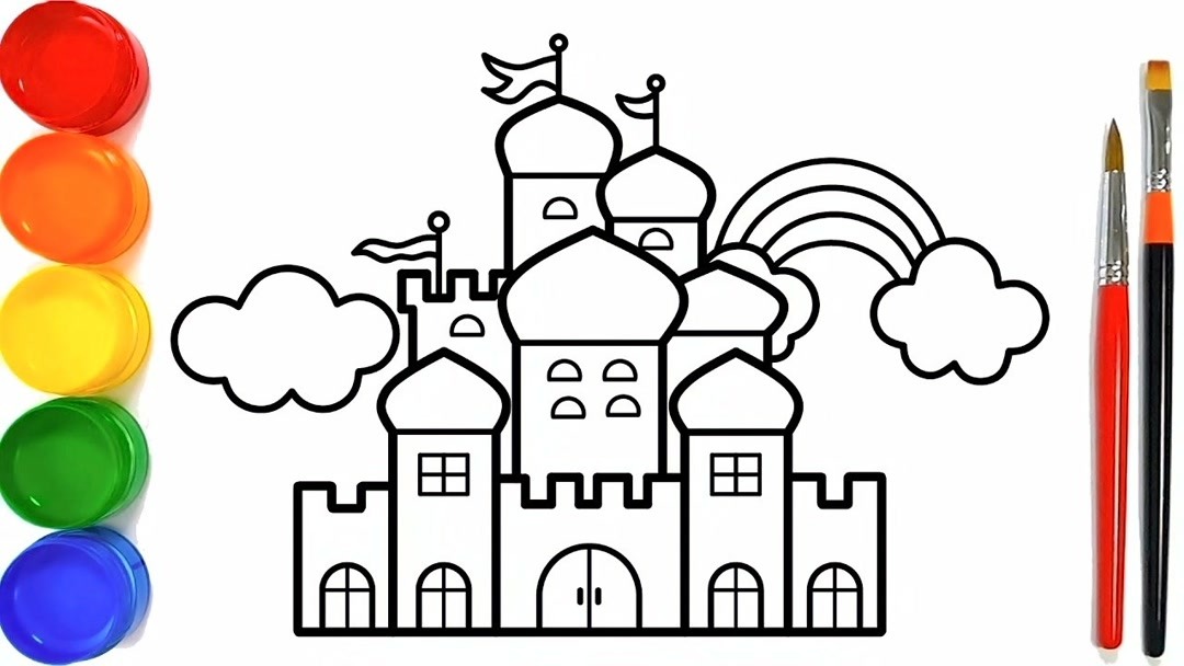 趣味简笔画:儿童用闪光城堡和彩虹彩色,涂完颜色超好看!