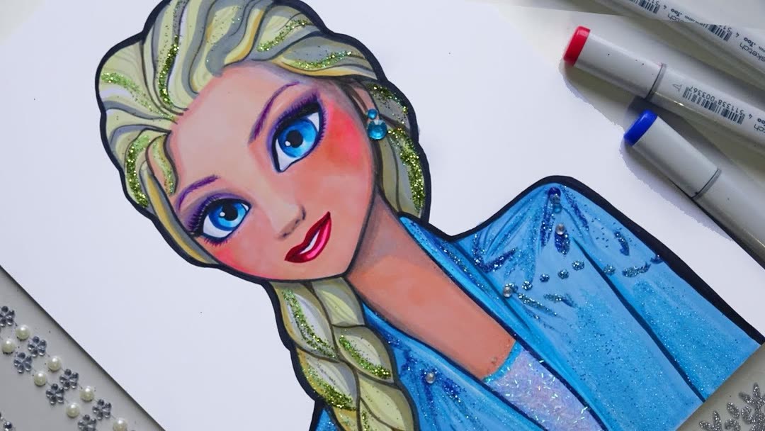 用简笔画画爱莎公主,涂上颜色太美了,绘画教程