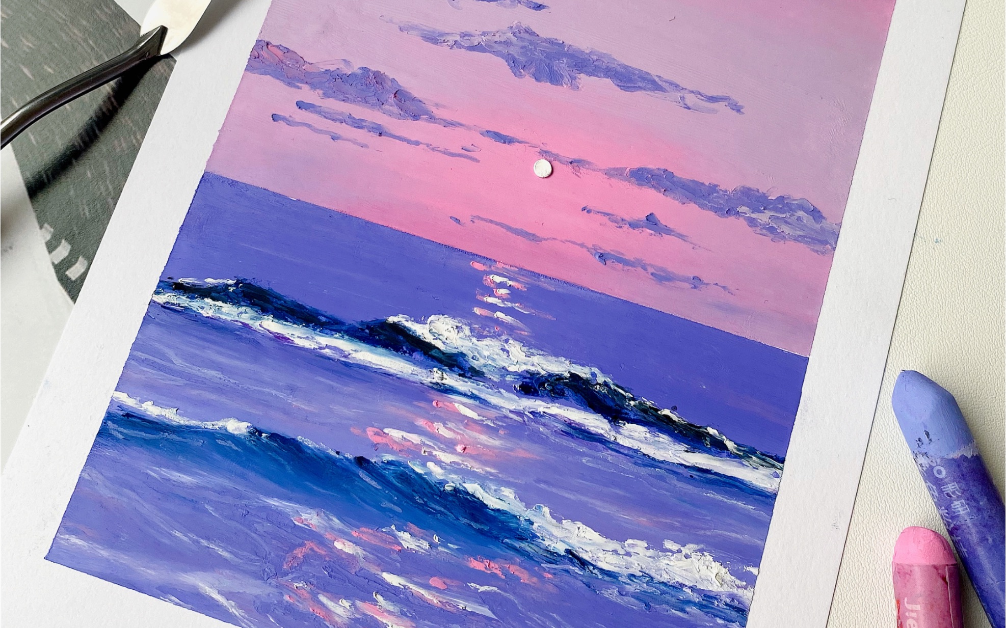 油画棒|紫色晚霞与大海|绘画过程分享
