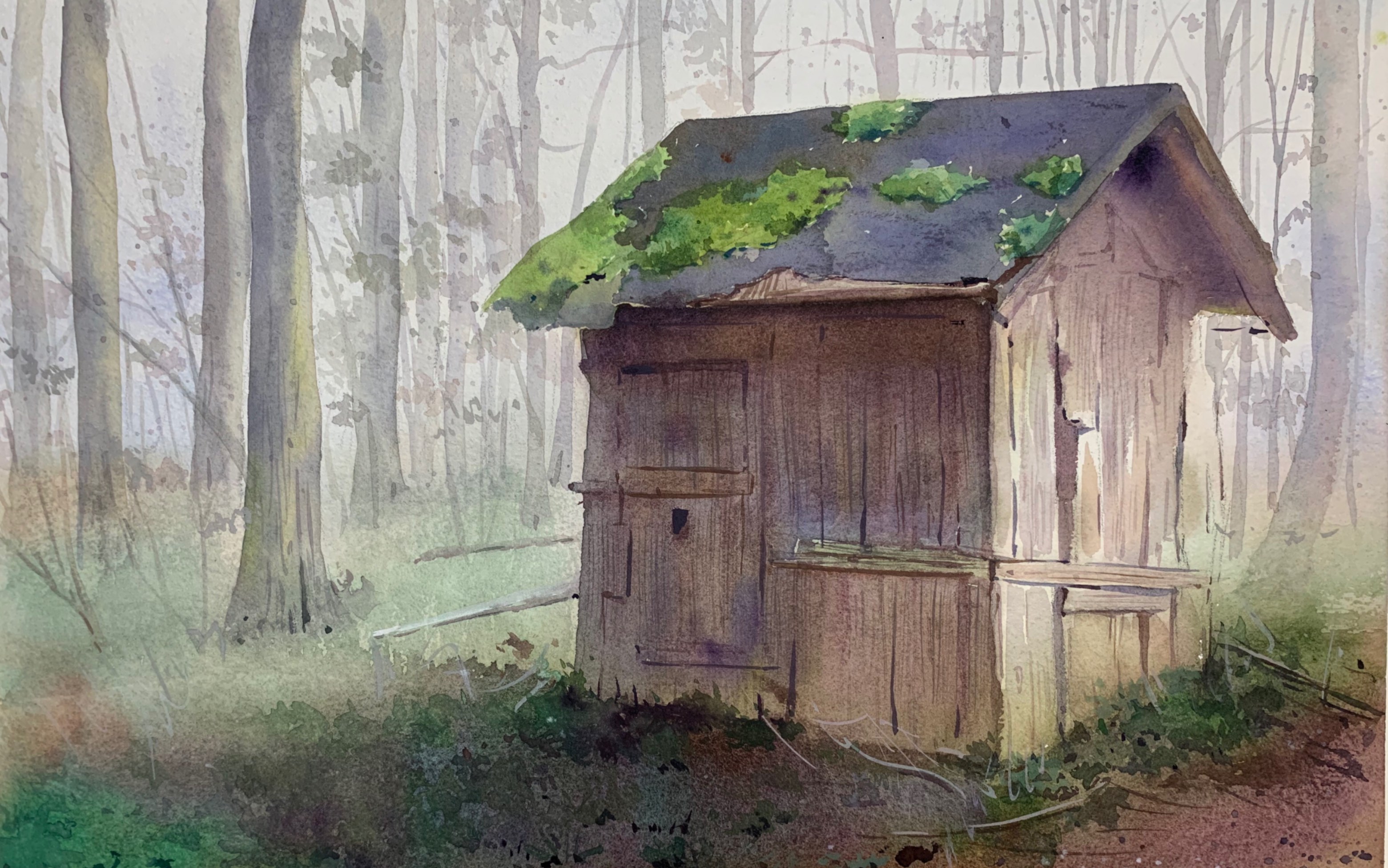 Dew的日绘～水彩 森林小木屋