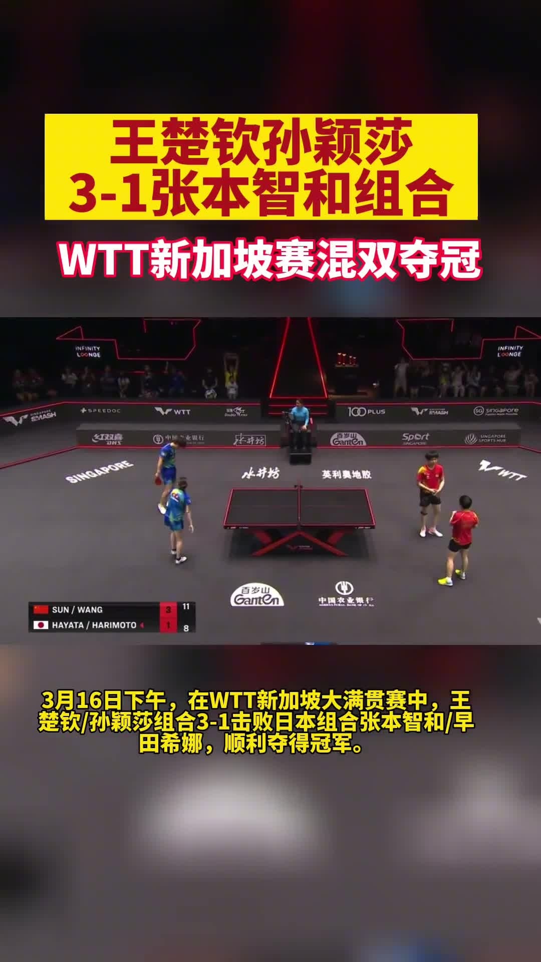 王楚钦孙颖莎3-1张本智和组合!WTT新加坡赛混双夺冠