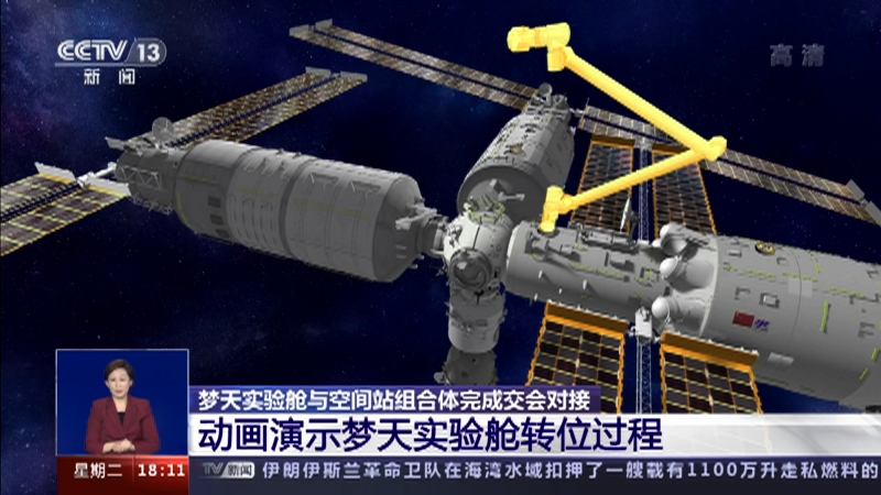 ...梦天实验舱与空间站组合体完成交会对接 动画演示梦天实验舱转位过程
