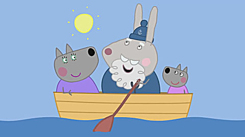 兔爷爷用木浆划船承载着灰狼夫人还有小狼温蒂过河
