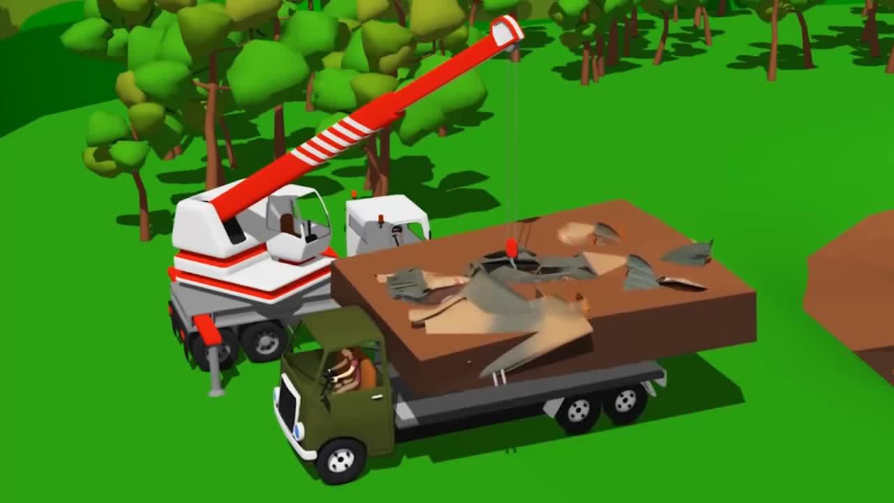 工程车从池塘里吊起了一架飞机,工程车表演,儿童早教益智动画