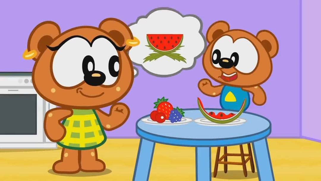 彩色小熊儿童喜剧动画片,在家里吃西瓜