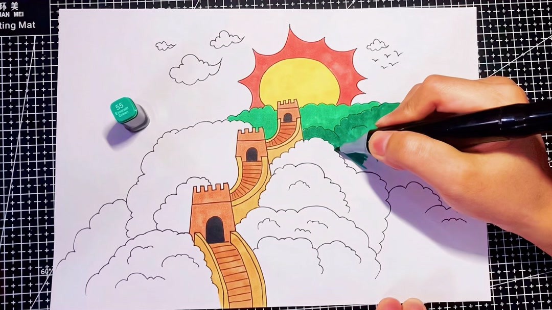 创意儿童画古建筑万里长城第二款,卡通简笔画风格,在家学画画