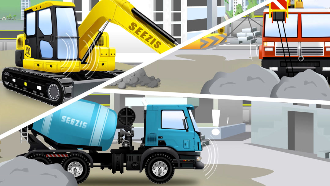 汽车动画城 第2集 搅拌机大吊车挖土机同时陷入水泥坑里面