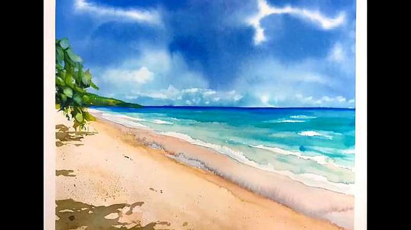 简单好学的水彩绘画视频教程,教你绘制一个逼真的海滩