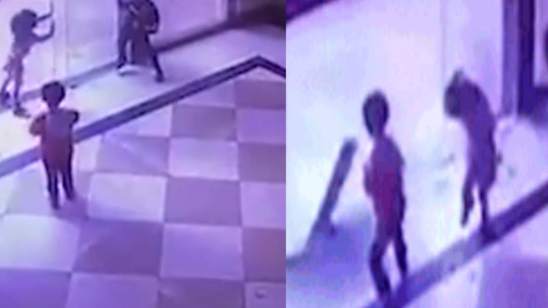 熊孩子阻挡自动玻璃门运行 玻璃瞬间碎裂