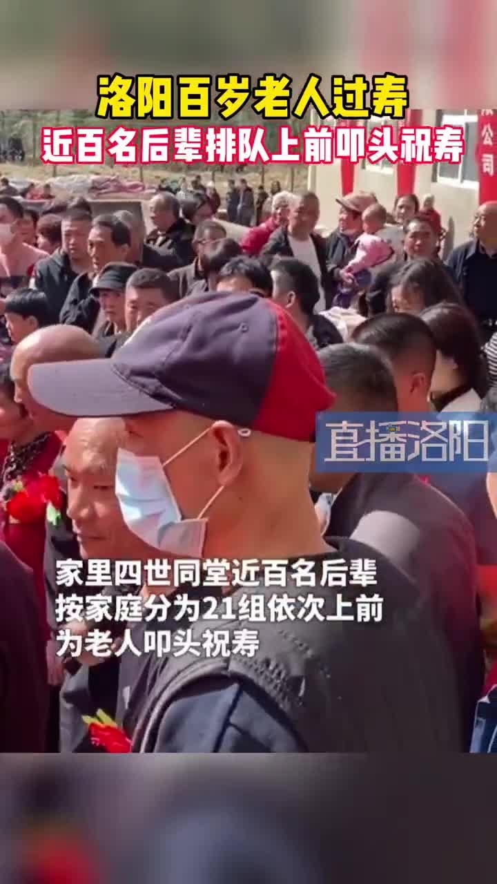 洛阳百岁老人过寿,近百名后辈排队上前叩头祝寿。