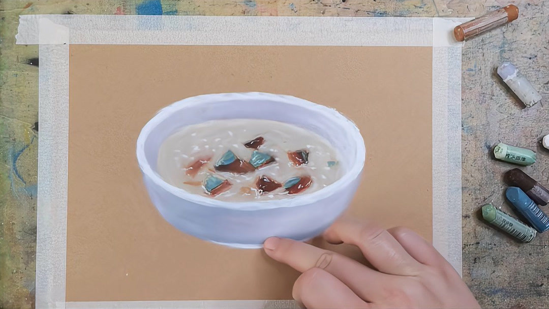 油画棒美食教程,皮蛋瘦肉粥