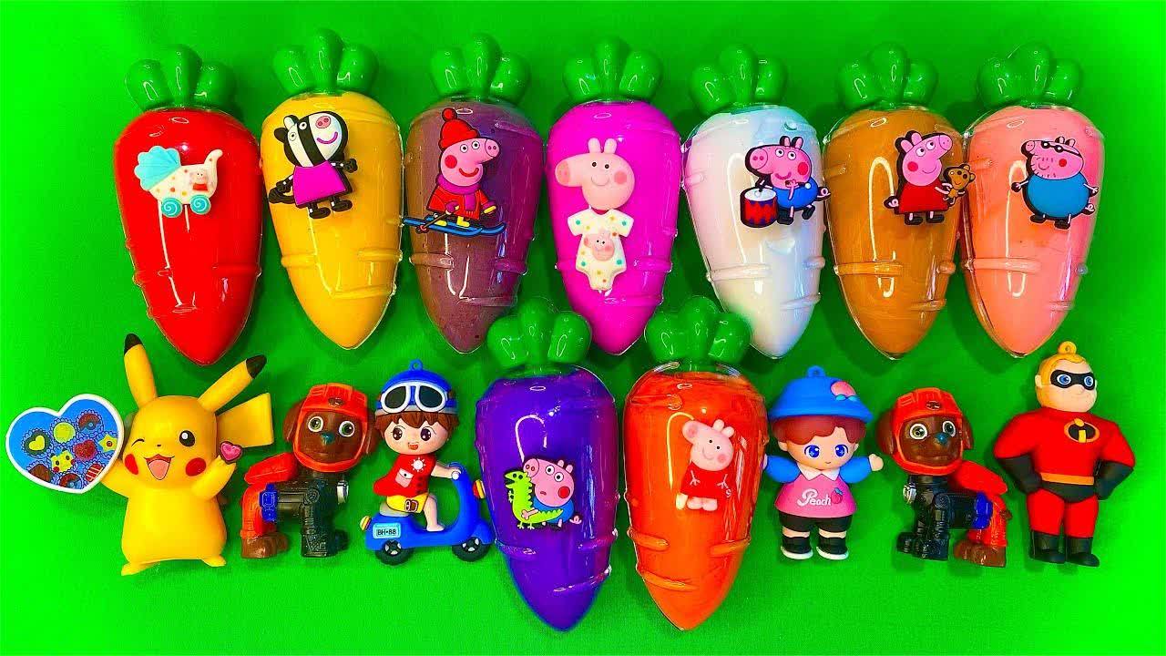 皮卡丘、汪汪队找到15种小猪佩奇的彩泥做史莱姆,益智早教玩具