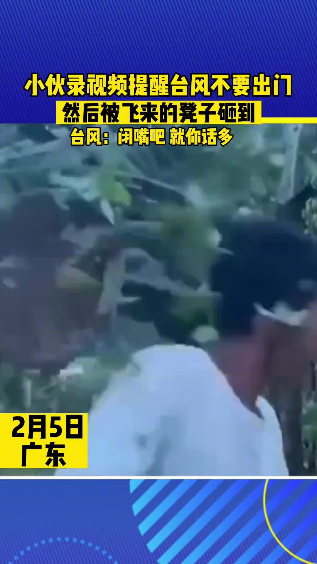 小伙录制视频提醒台风不要出门,然后被飞来的凳子砸到。台风:闭嘴吧,...