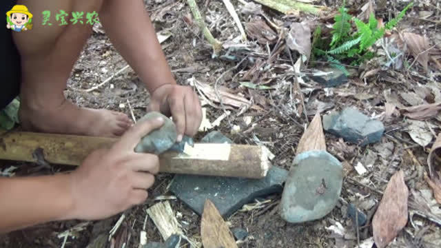 小伙使用最原始的办法来伐树,自己制作的斧头真好用