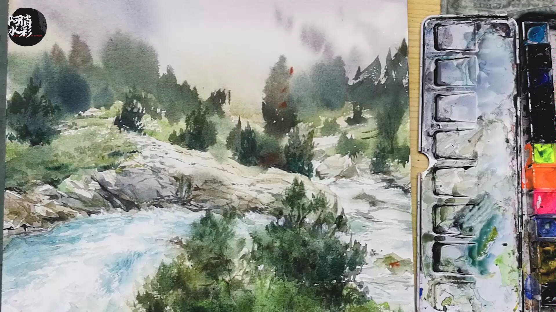 阿俏水彩教程——作品《小河湾》森林,溪水的绘制过程。