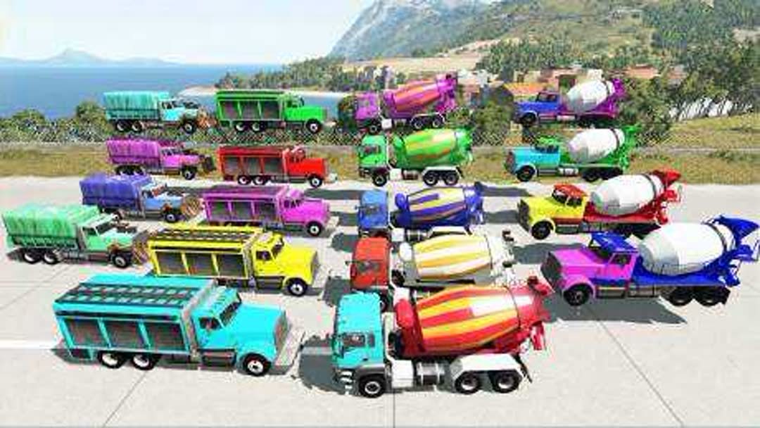 大巴车,货车,搅拌车和校车争先恐后冲向超强滚轴,车祸模拟器