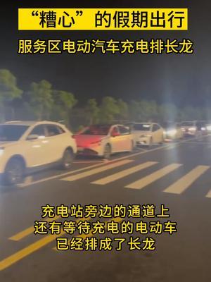 "糟心"的假期出行,服务区电动汽车充电排长龙。#新能源 #高速 #充电桩