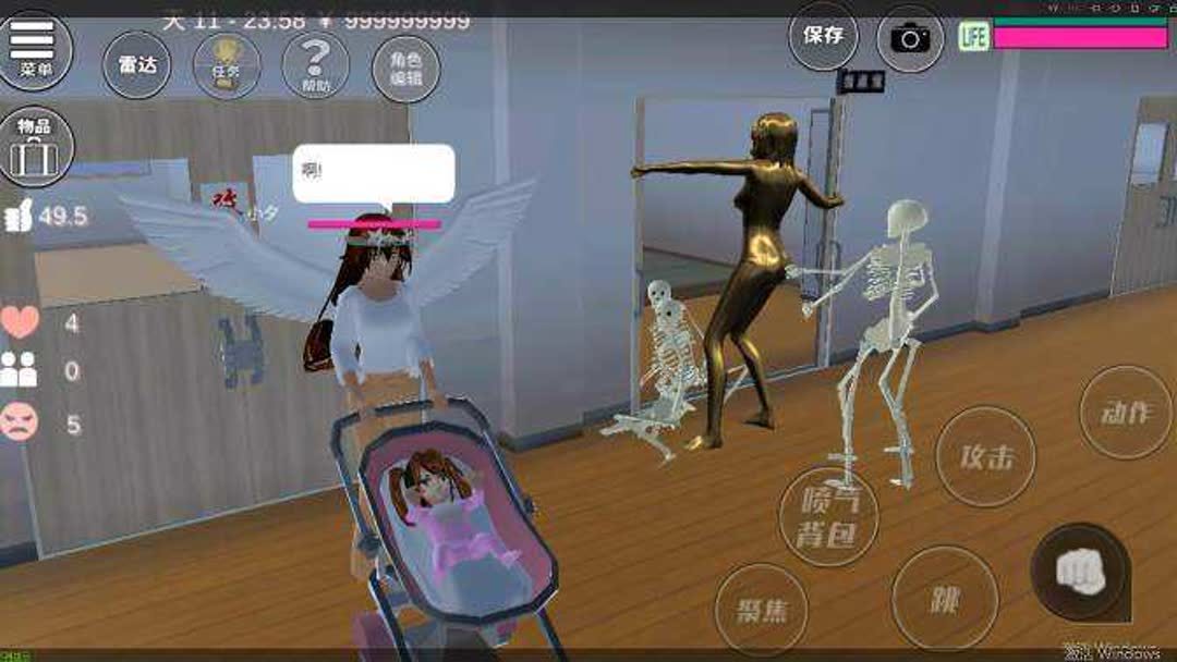 樱花校园模拟器:一位宝妈推着婴儿迷路了,遇上铜人雕像大战骷髅