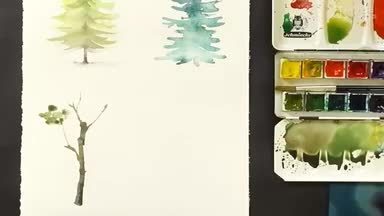 益智水粉画画漂亮小树