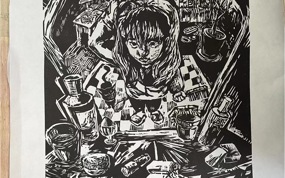 上学期的黑白木刻版画创作稿绘画过程～