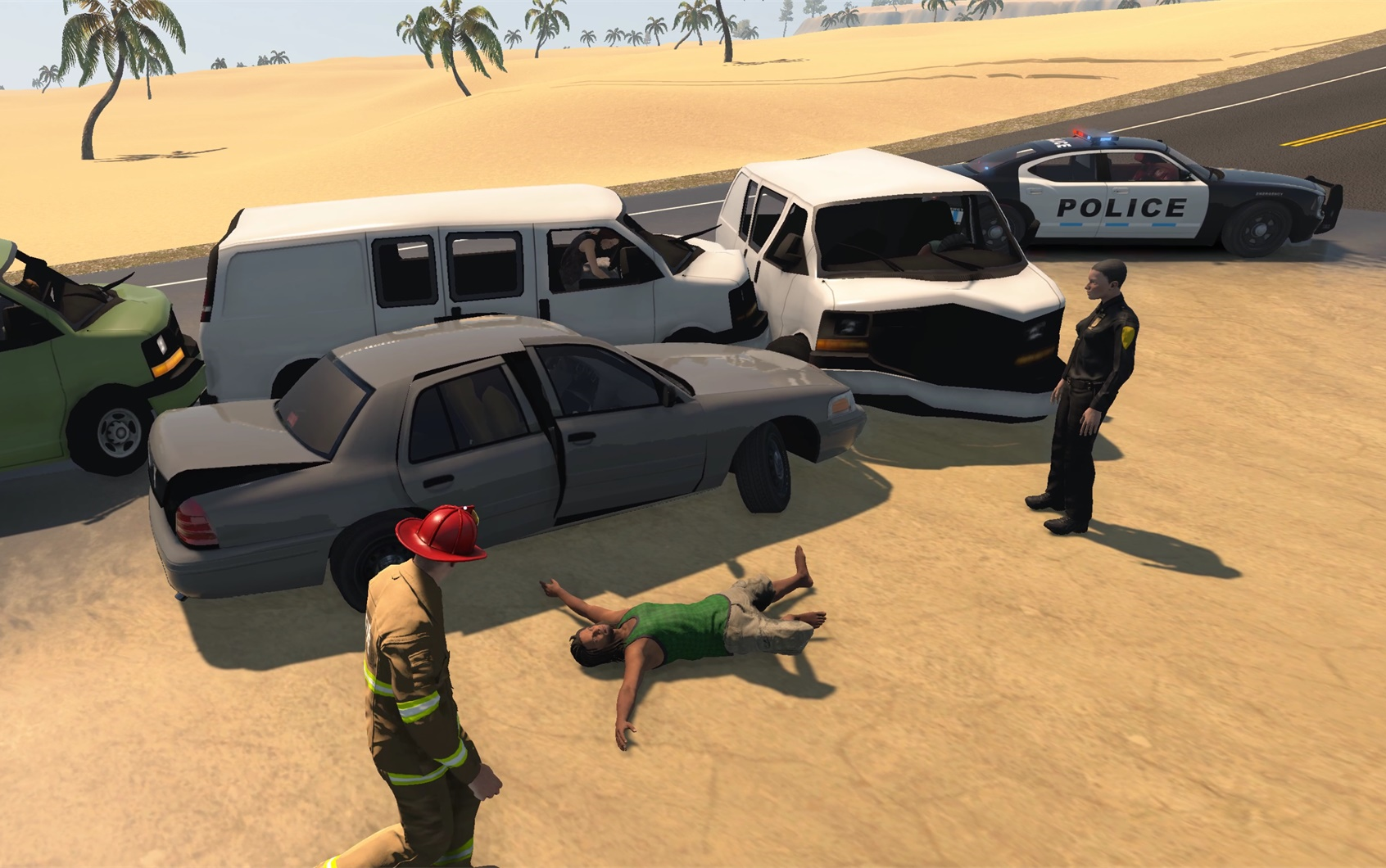 消防模拟:发生四车相撞的交通事故马上开展救援