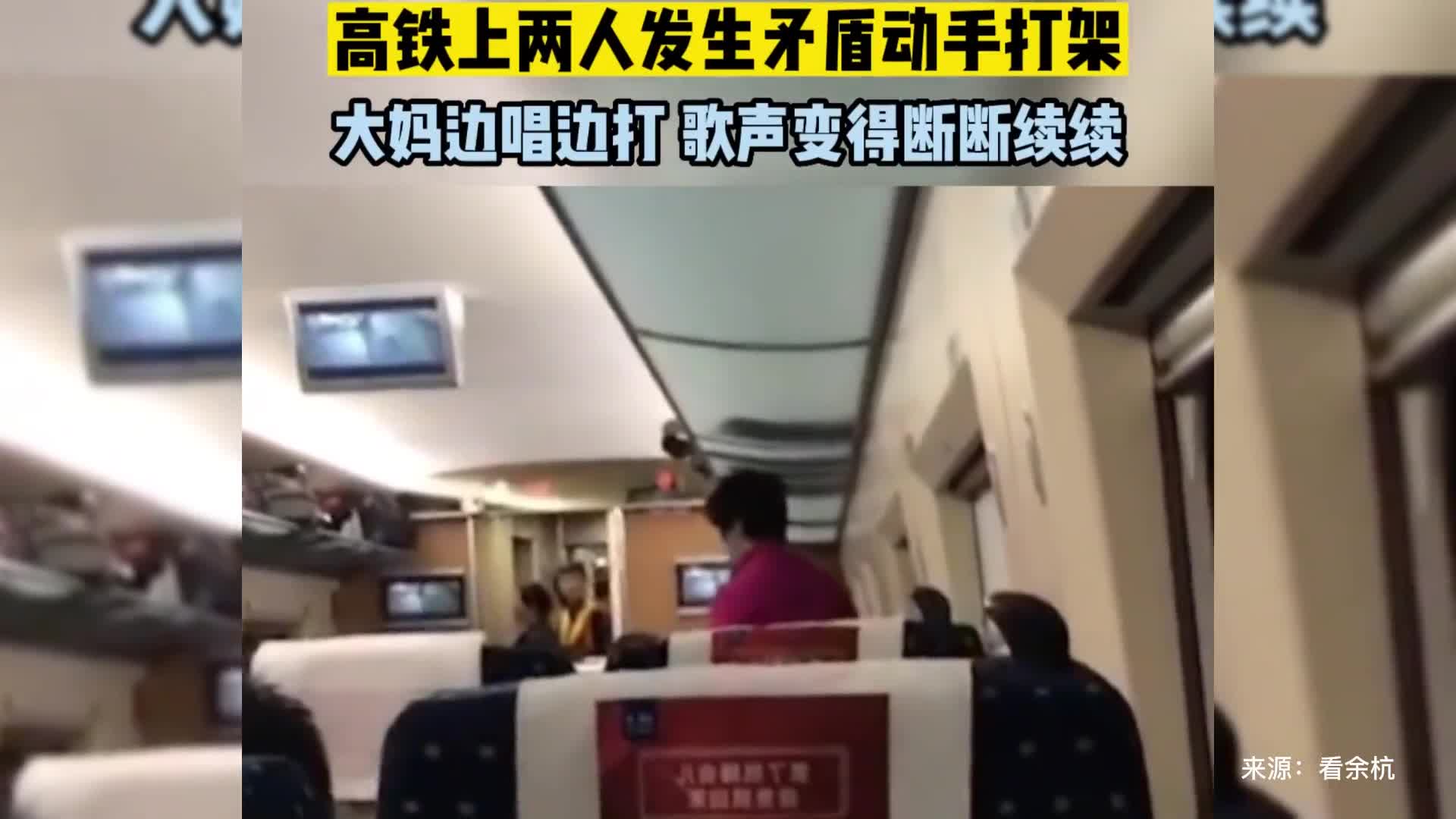 高铁上两人发生矛盾动手打架,大妈边唱边打,歌声也变得断断续续